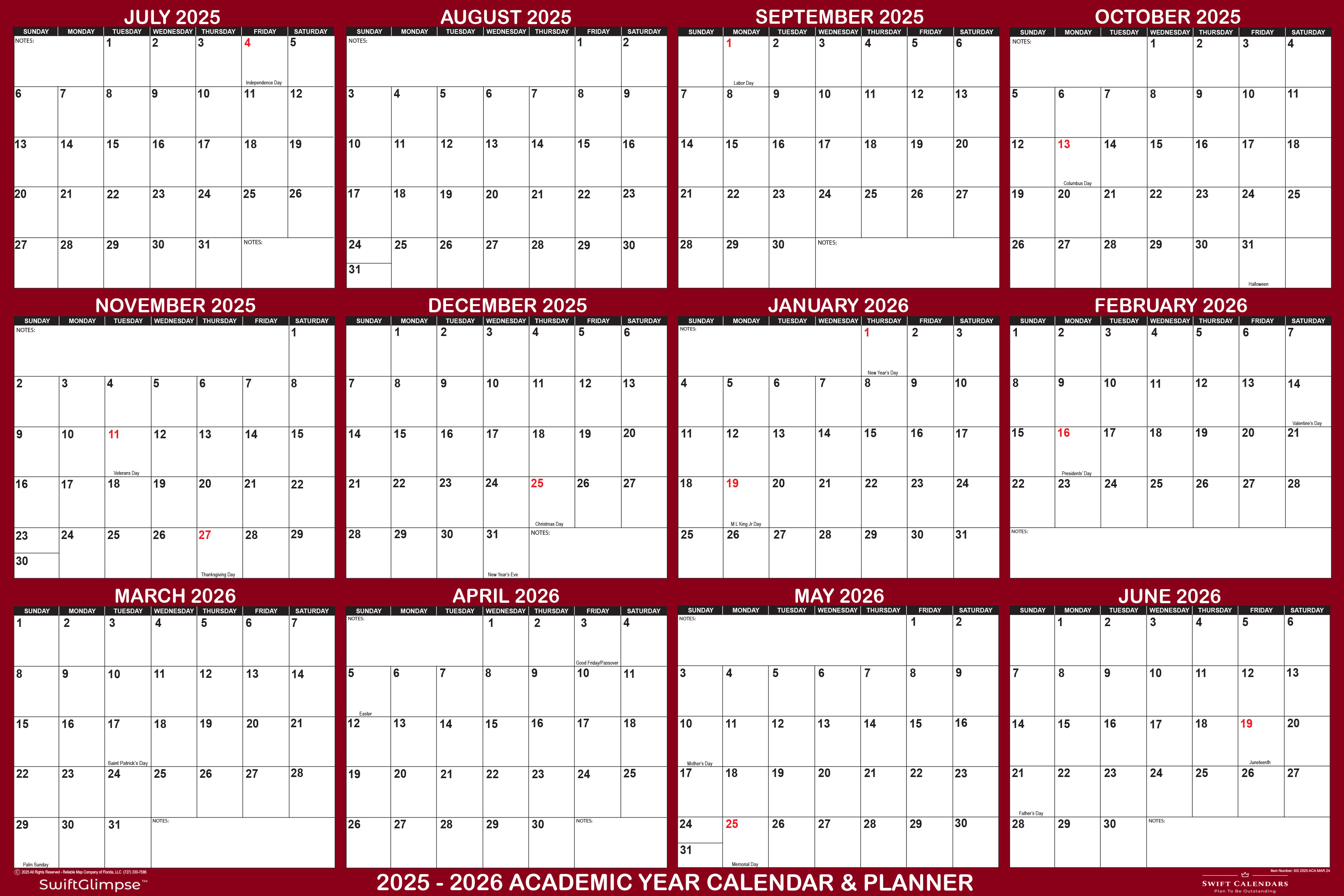2025 - 2026 Academic Wall Calendar 32" x 48" Maroon