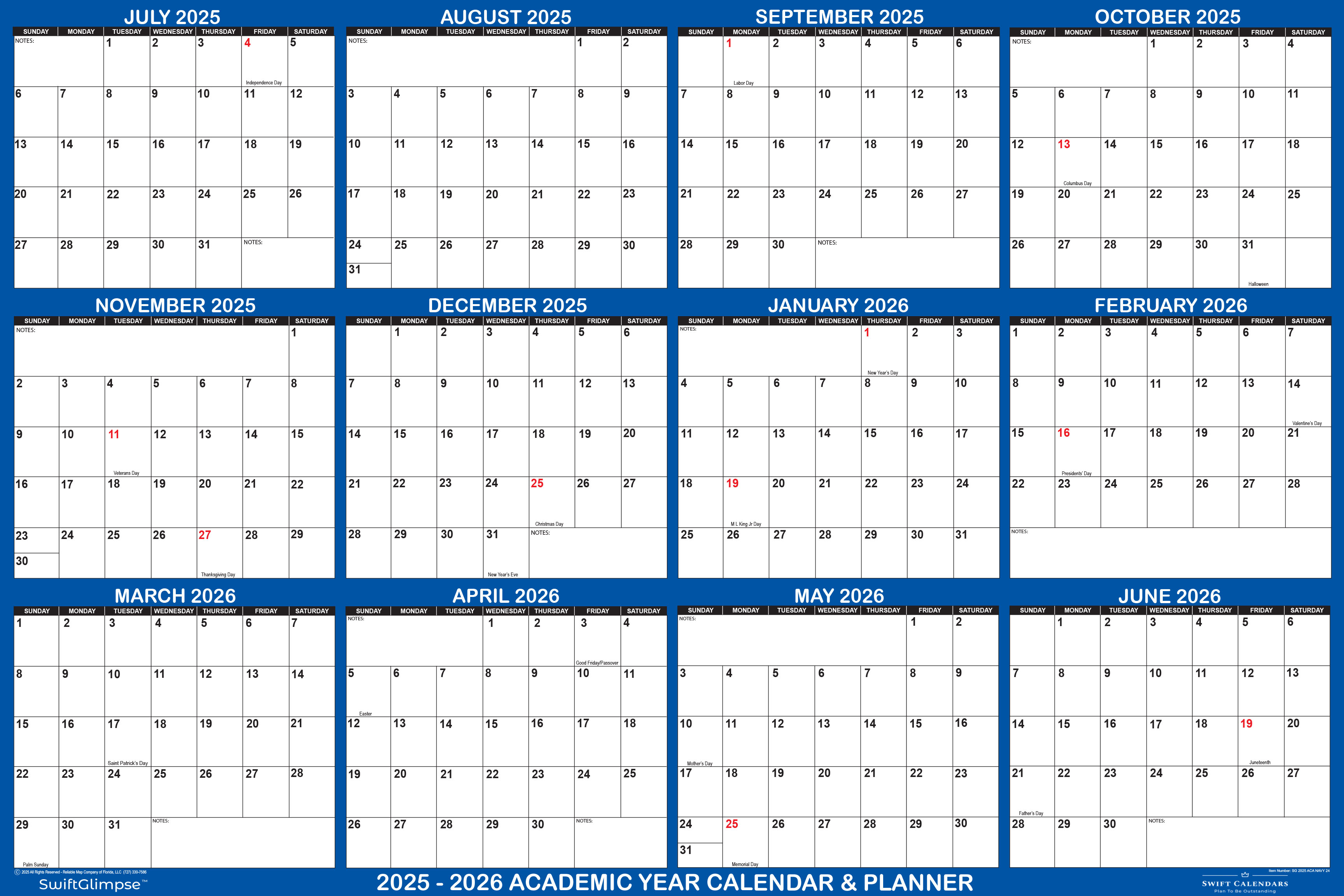 2025 - 2026 Academic Wall Calendar 48" x 72" Navy